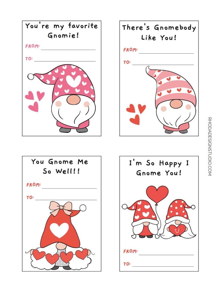 Free Printable Gnome Valentines and Coloring Pages