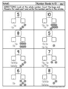 Free Number Bonds Worksheets: Bugs and Flowers
