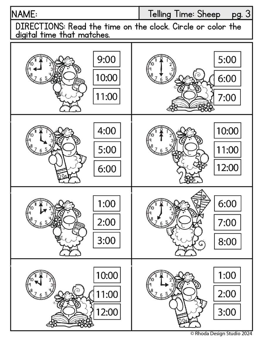 Spring Lamb Telling Time to the Hour Worksheets for Kids