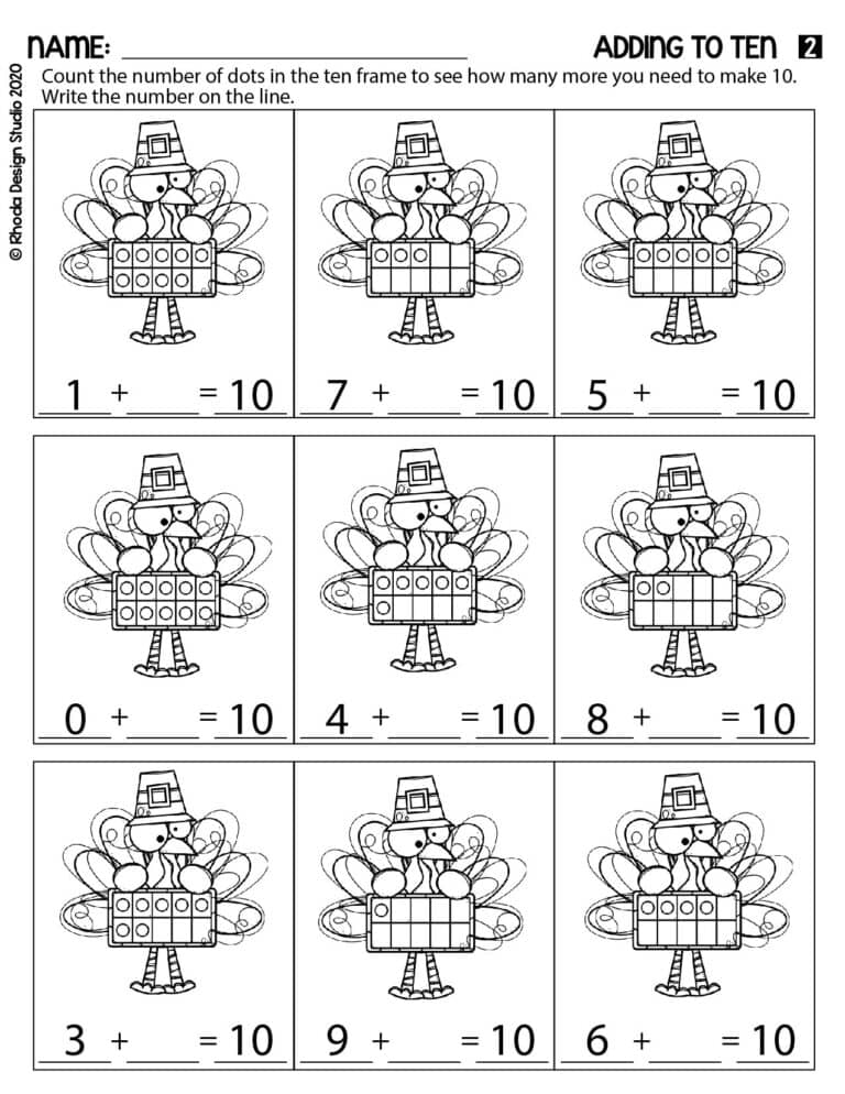 Turkey Ten Frames: Adding to Make 10 Free Worksheets
