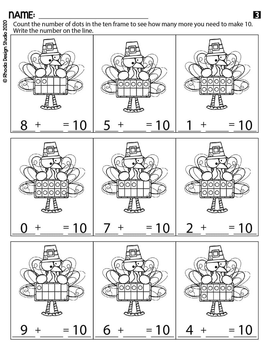 Turkey Ten Frames: Adding to Make 10 Free Worksheets