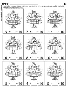 Turkey Ten Frames: Adding to Make 10 Free Worksheets