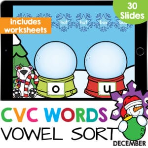 Free Cut and Paste CVC Word Sort Worksheets: Winter Themed
