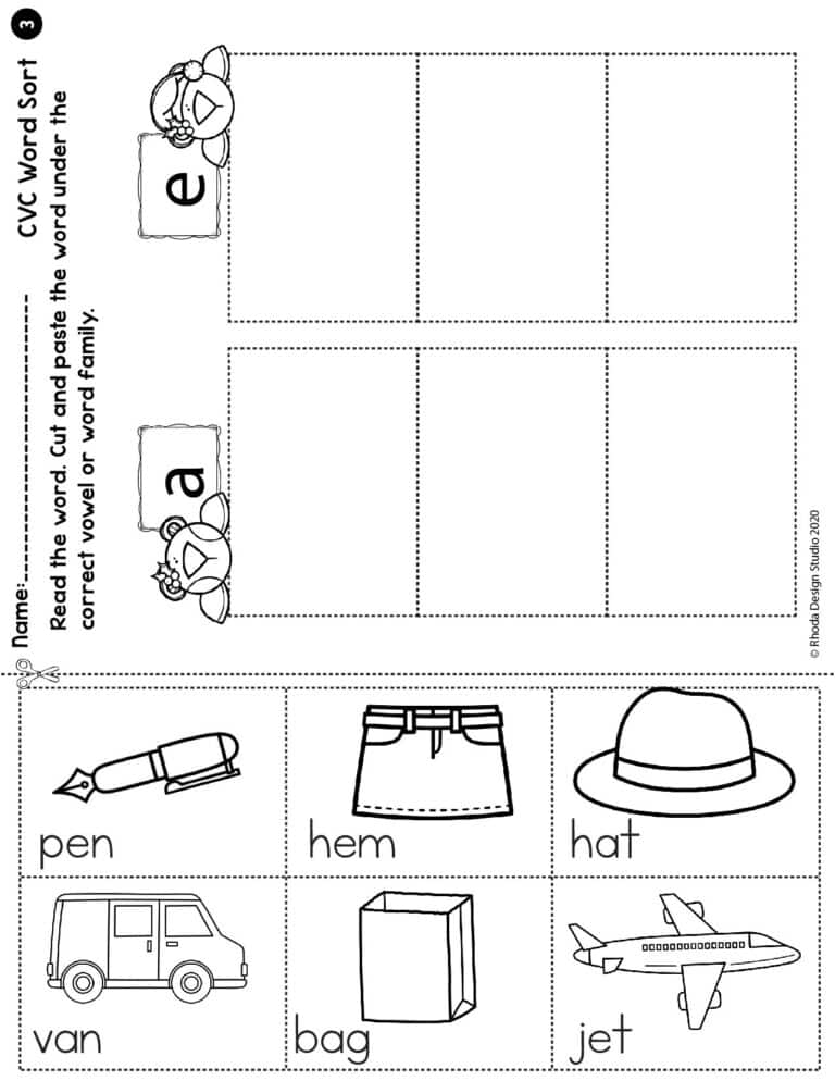 Free Cut and Paste CVC Word Sort Worksheets: Winter Themed