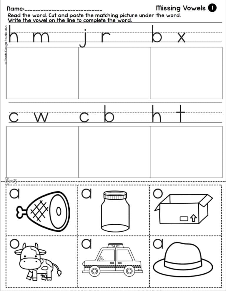 Missing Vowels Worksheets: Fun Cut and Paste Phonics Practice