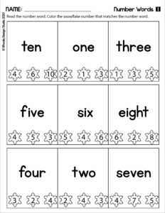 Winter Number Words Practice: Snowflake Worksheets