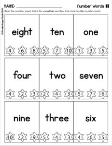 Winter Number Words Practice: Snowflake Worksheets