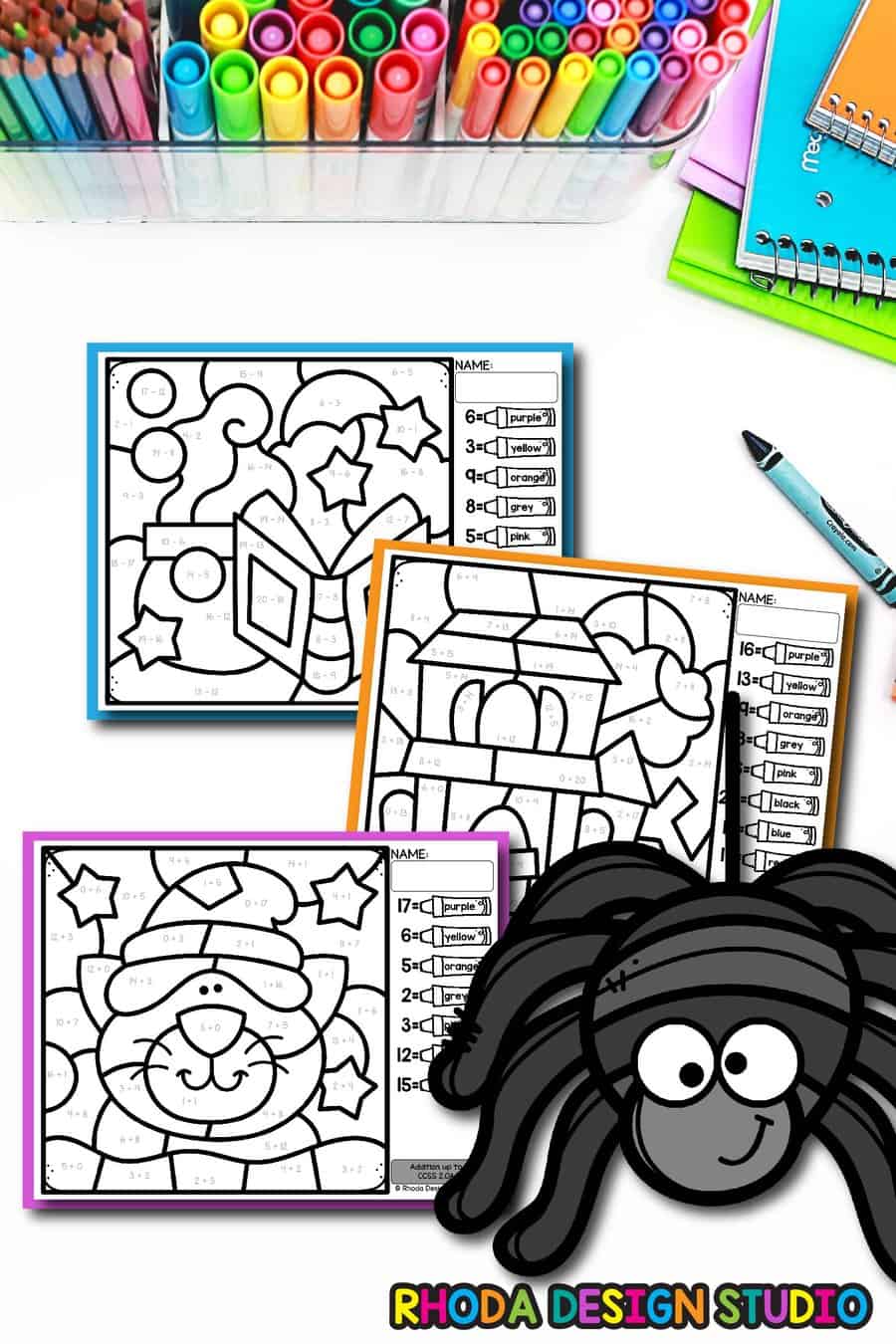 Free Halloween Color by Number Math Facts within 20