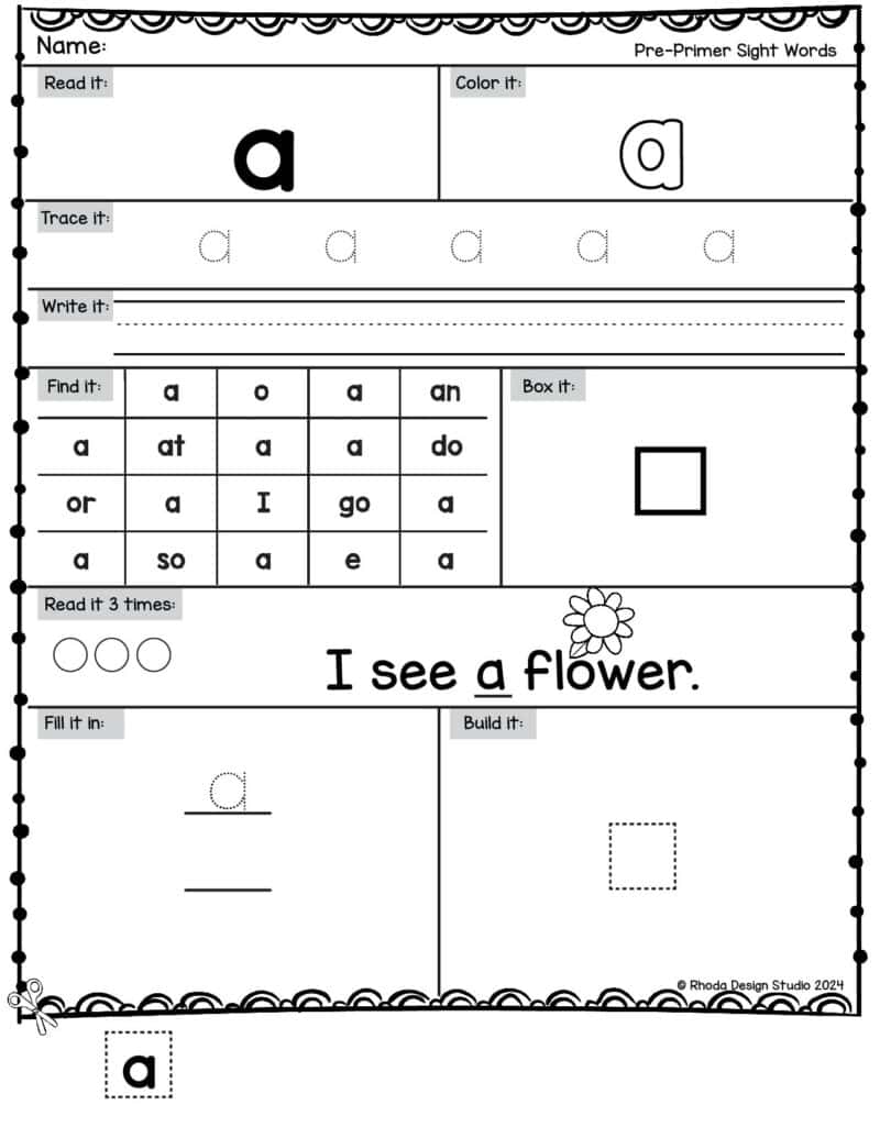 First 10 Dolch Pre-Primer Sight Word Sheets for Balanced Literacy