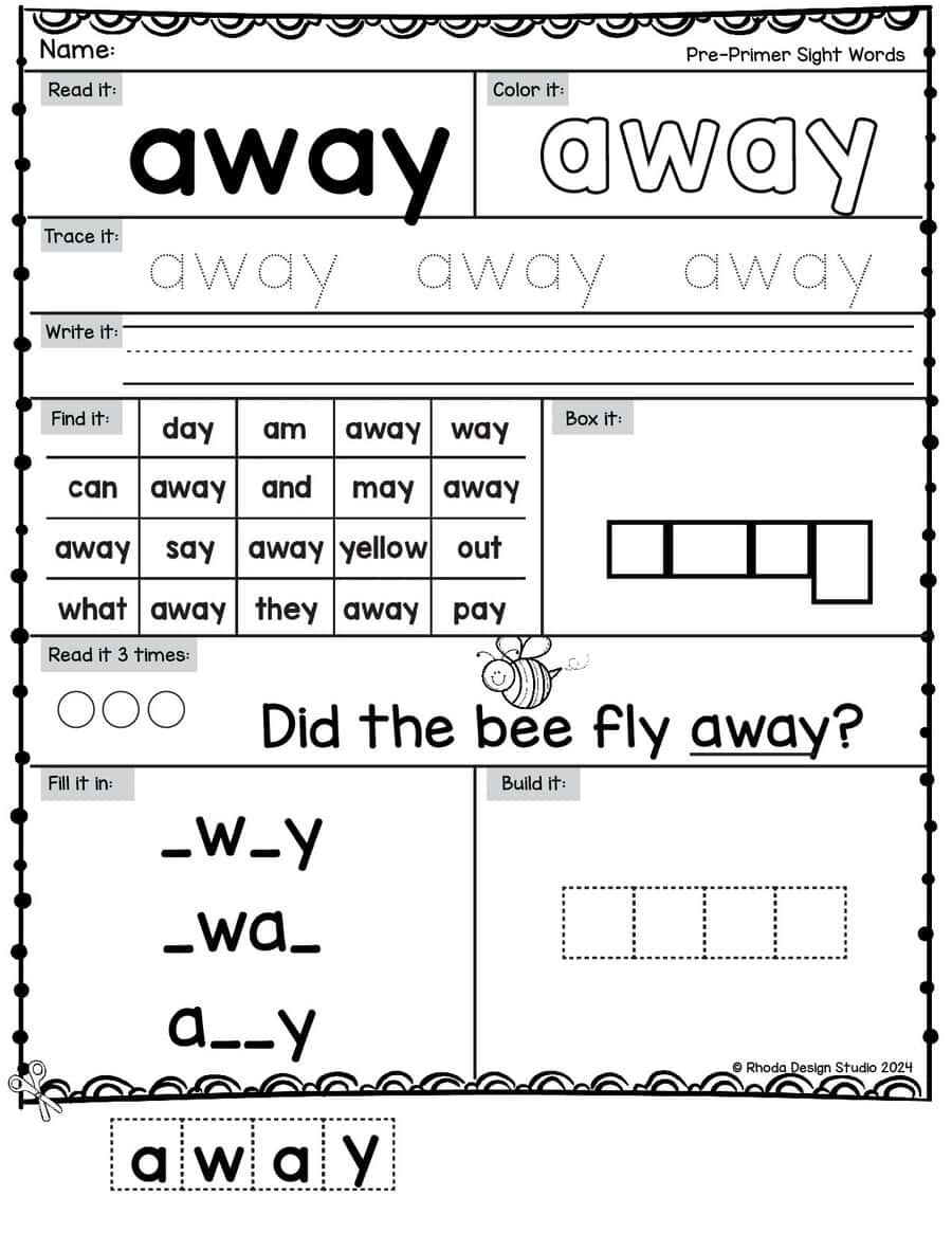 First 10 Dolch Pre-Primer Sight Word Sheets for Balanced Literacy
