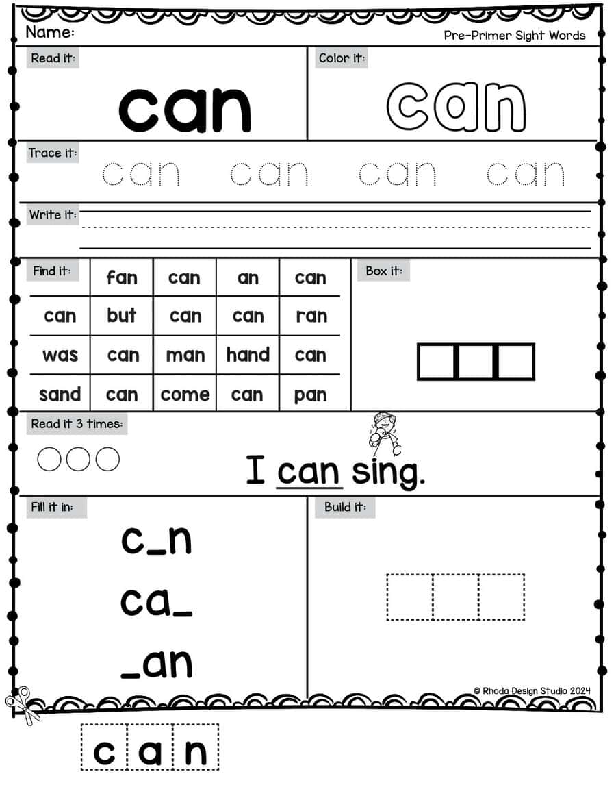 First 10 Dolch Pre-Primer Sight Word Sheets for Balanced Literacy