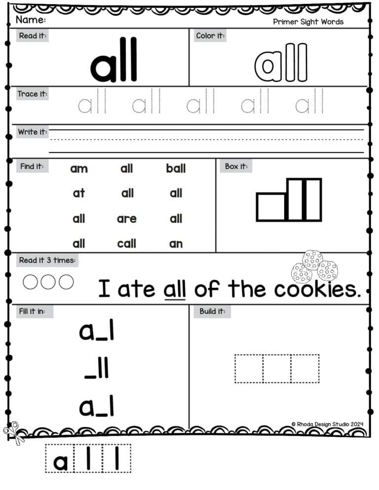 10 Free Primer Dolch Sight Word Worksheets