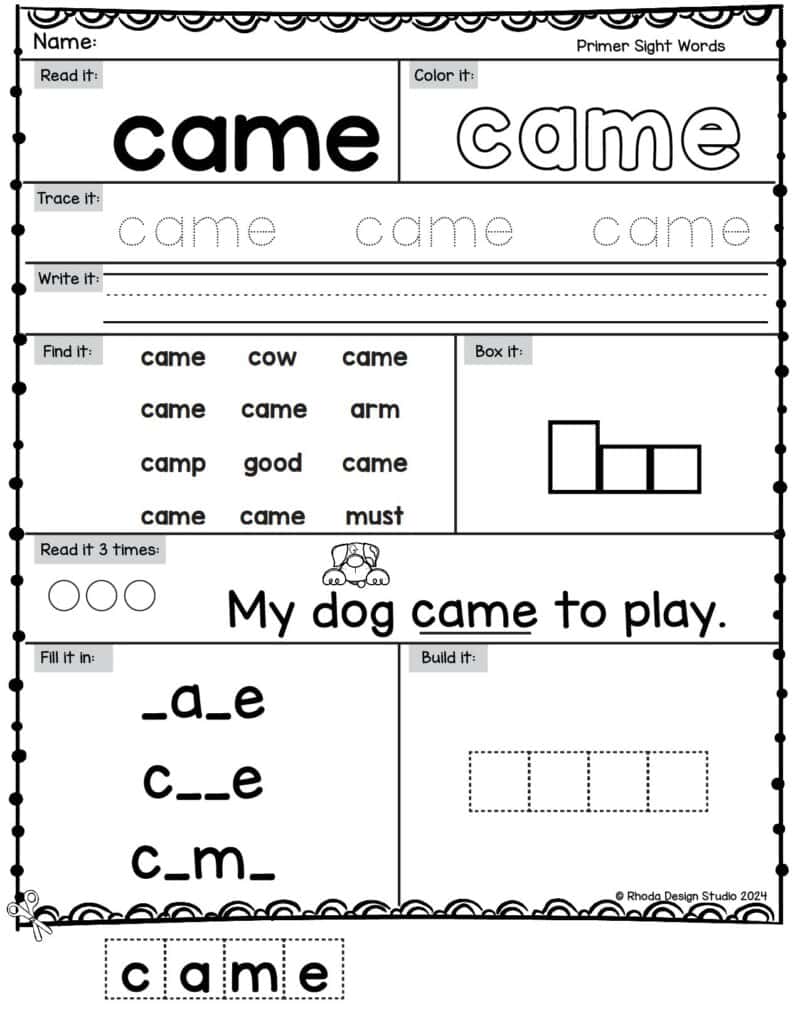 10 Free Primer Dolch Sight Word Worksheets