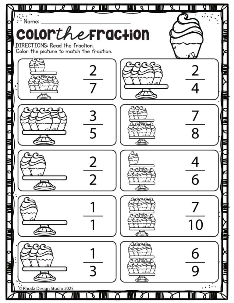 Free Color the Fractions Food Worksheets
