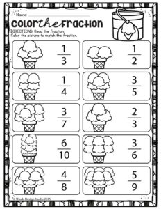 Free Color the Fractions Food Worksheets