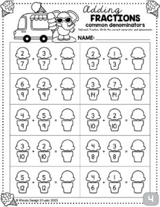 Free Adding Fractions with Like Denominators: Ice Cream