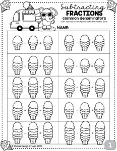 Free Subtracting Fractions with Like Denominators: Ice Cream