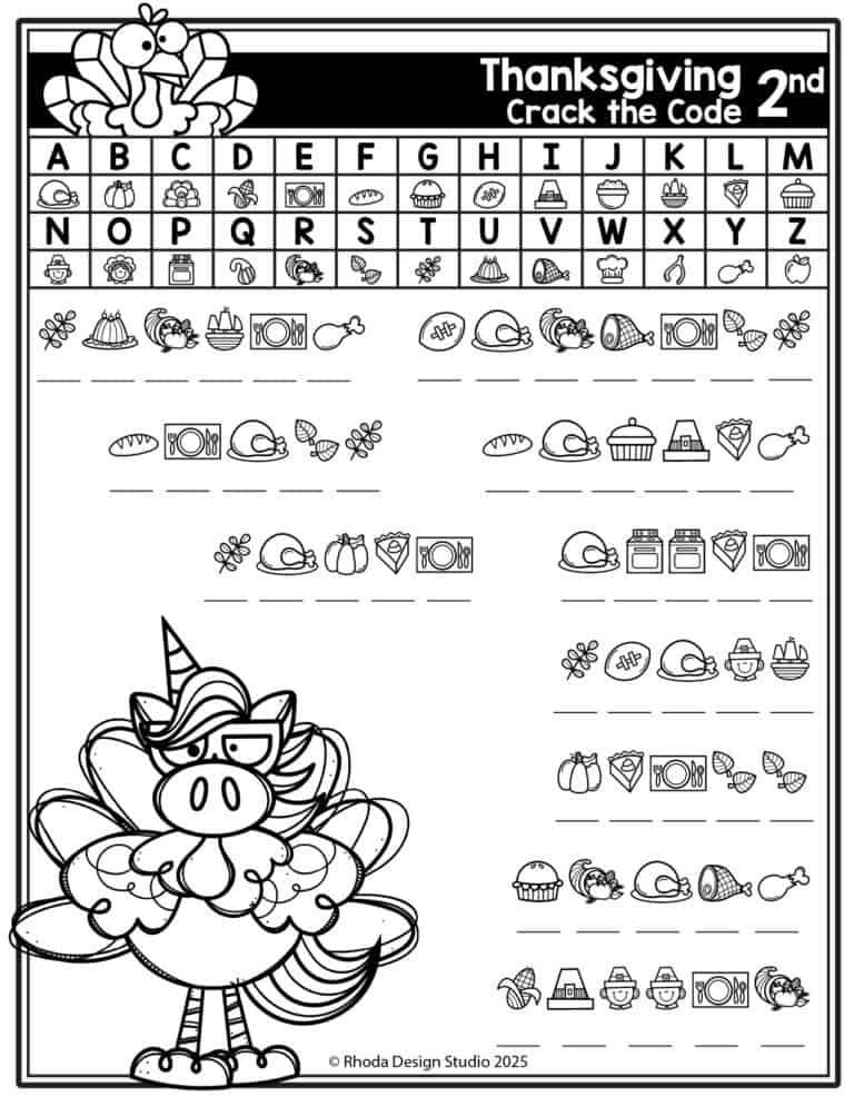 Thanksgiving Crack the Code Worksheets: Puzzles for Grades K–4