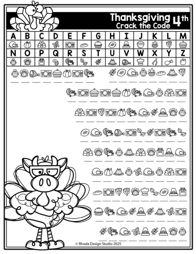 Thanksgiving Crack the Code Worksheets: Puzzles for Grades K–4